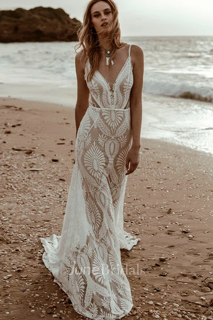 Elopement Beach Floral Mermaid Plunging Boho Lace Wedding Dress Sexy ...