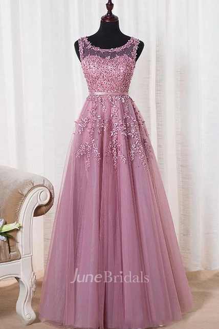 Scoop Sleeveless Lace Appliques A Line Dress June Bridals