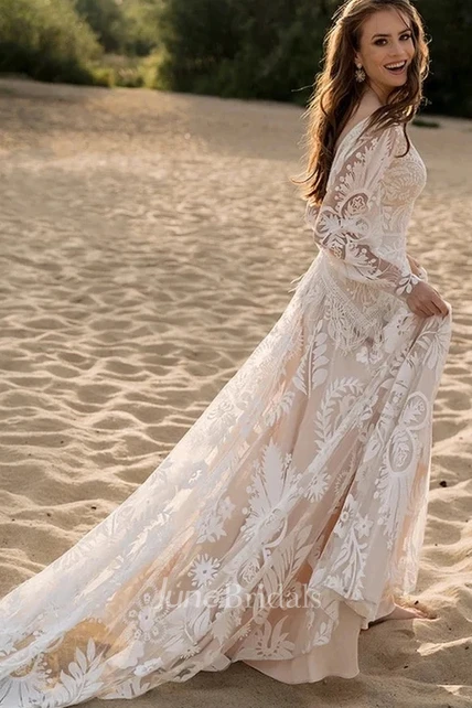 Western Modest Boho A-Line Lace Long Sleeve Fall Autumn Wedding Dress ...